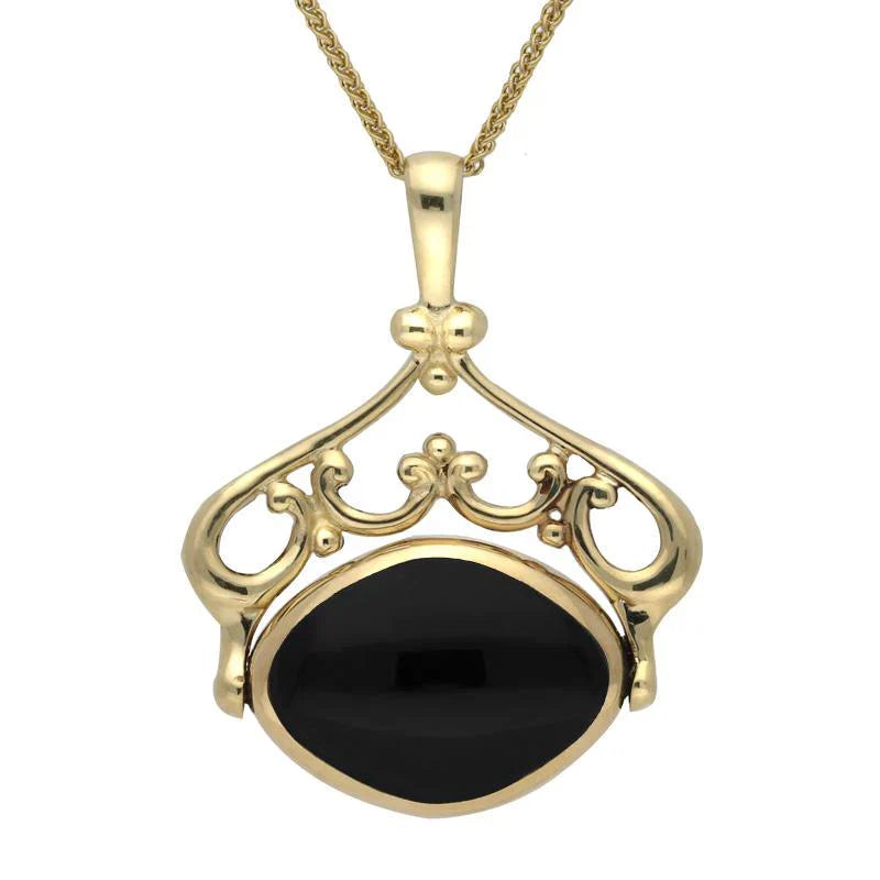 9ct Yellow Gold Whitby Jet Blue John Double Sided Swivel Fob Necklace ...